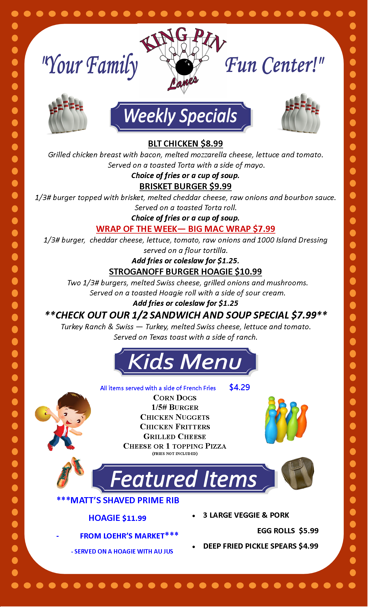 King Pin Lanes > FOOD MENU > WEEKLY SPECIALS